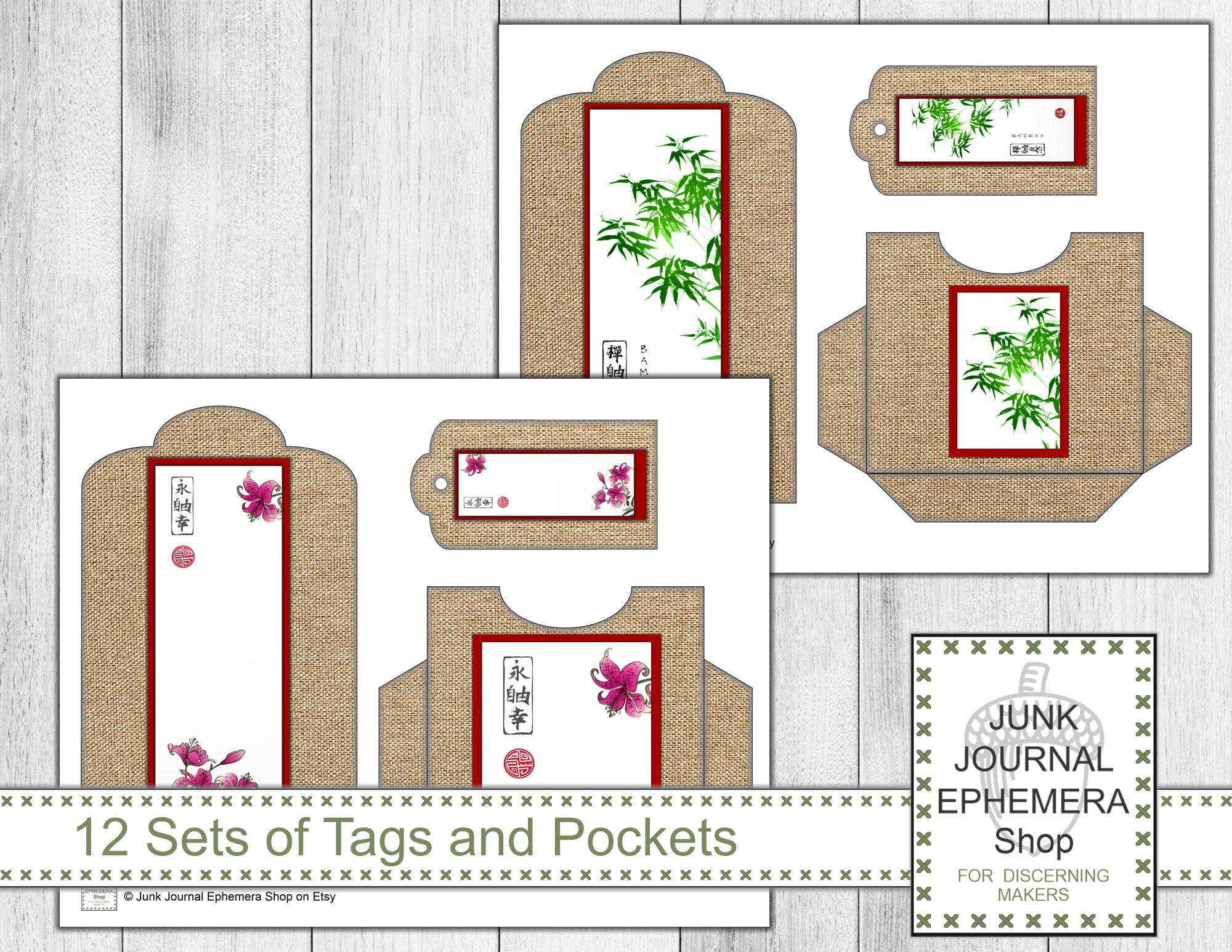 Asian Art Japanese Paintings Tags and Pockets SET 1 Vertical Format - Etsy