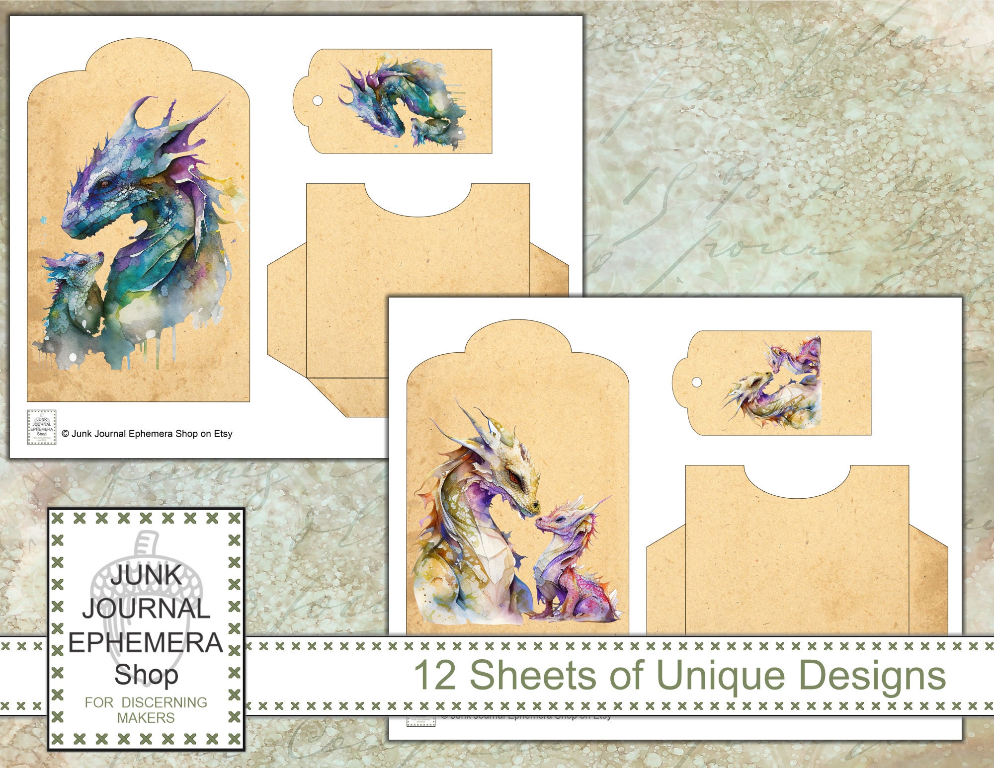 Watercolor Dragons Junk Journal Kit Tags and Pockets - Etsy