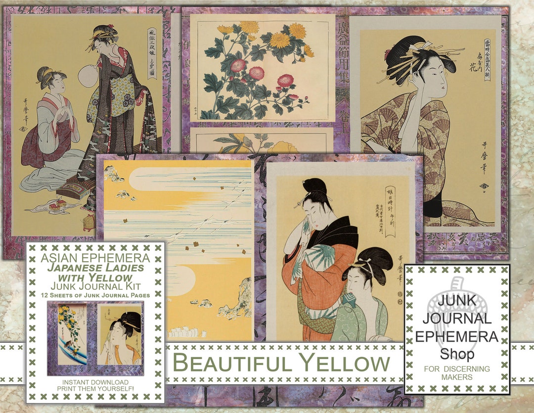 Asian Ephemera Japanese Ladies Yellow Florals Junk Journal Kit - Etsy