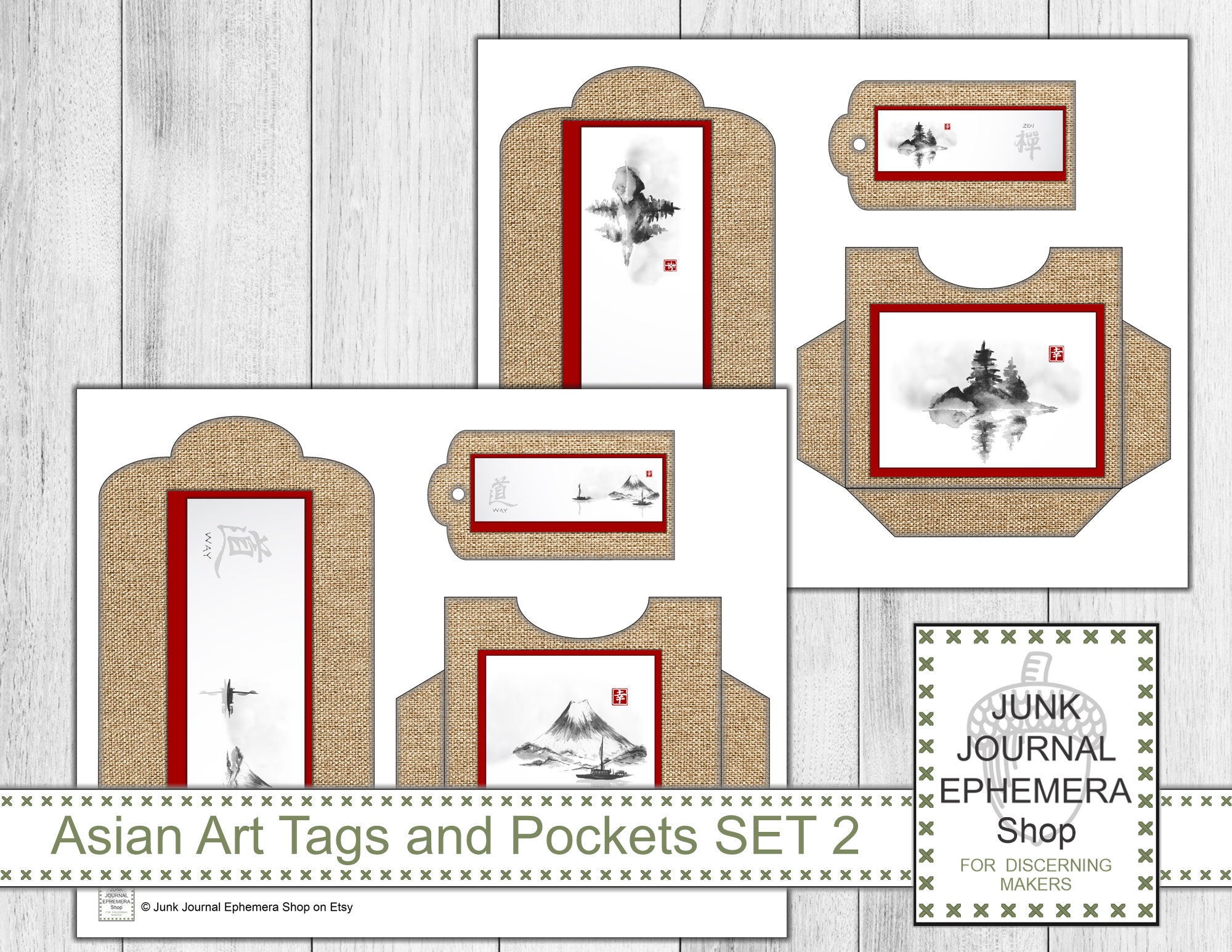 Asian Art Japanese Paintings Tags and Pockets SET 2 Horizontal Format ...