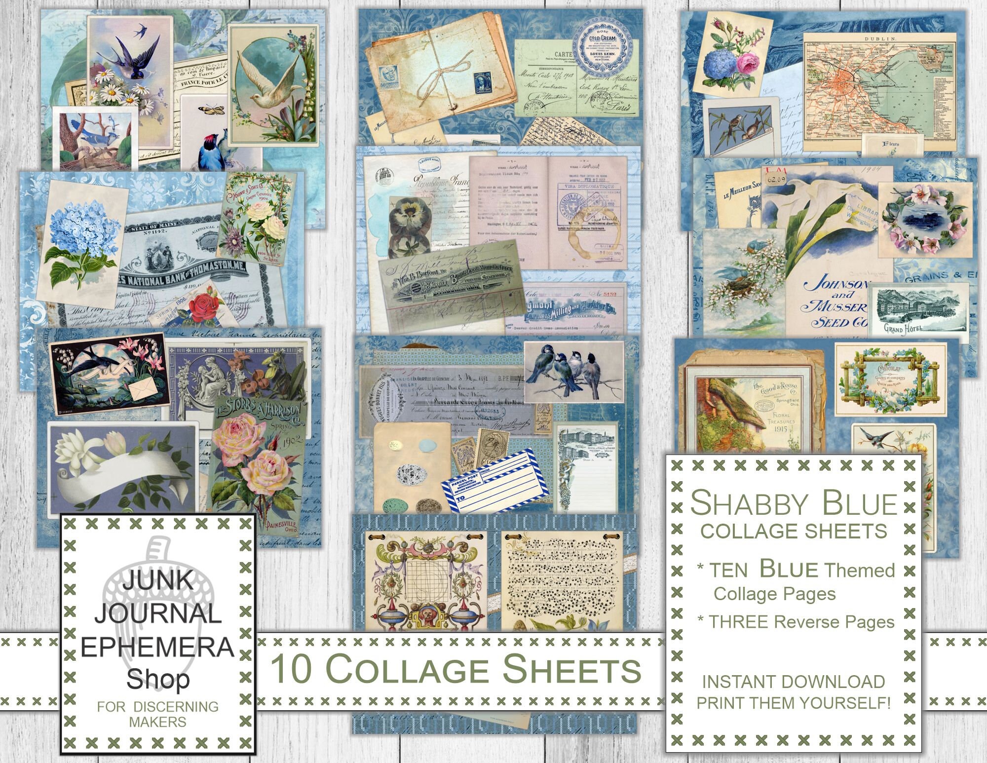Shabby Blue Themed Collage Junk Journal Kit, Shabby Blue Reverse Pages ...