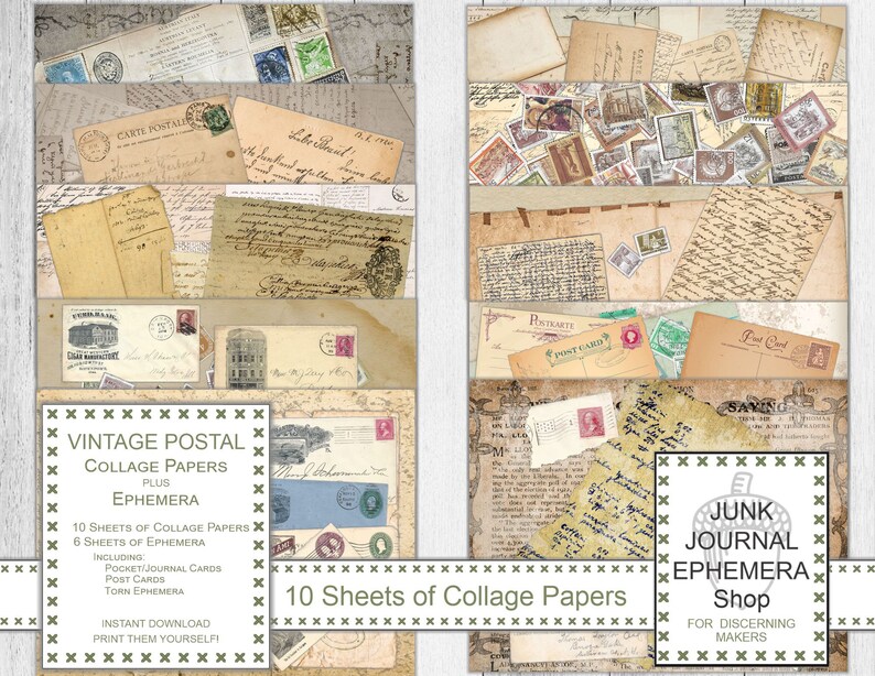 Postal Themed Collage Papers, Postcards, Shabby Postage Stamps, Torn ...