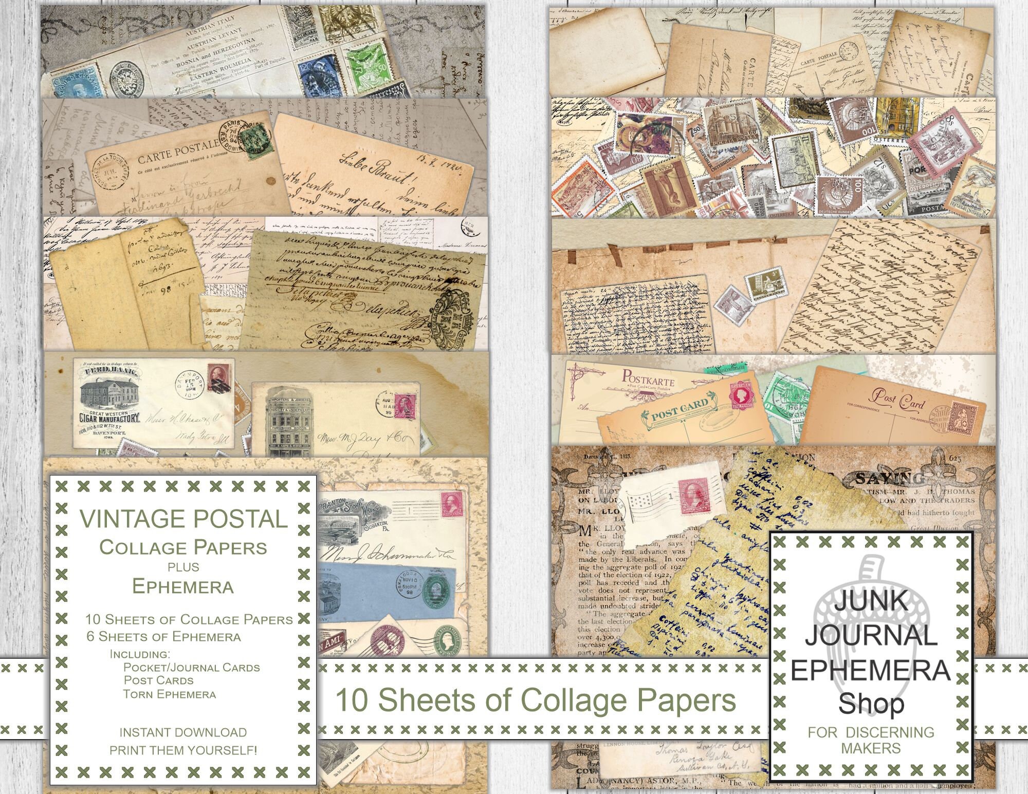 Postal Themed Collage Papers, Postcards, Shabby Postage Stamps, Torn ...
