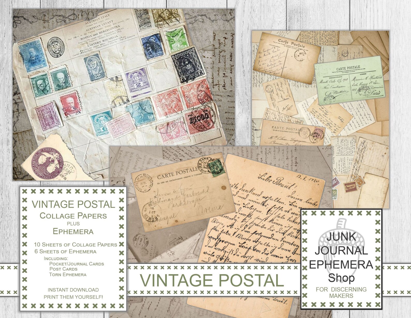 Postal Themed Collage Papers, Postcards, Shabby Postage Stamps, Torn ...