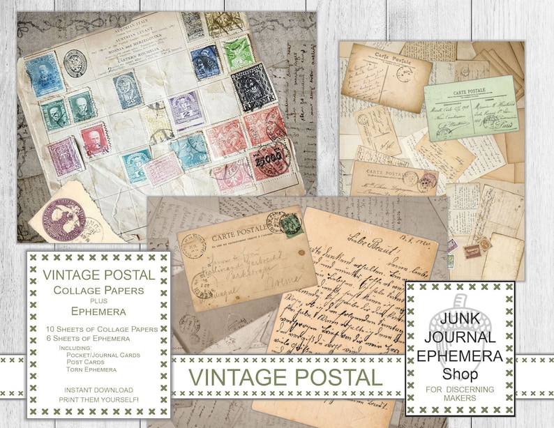 Postal Themed Collage Papers, Postcards, Shabby Postage Stamps, Torn ...
