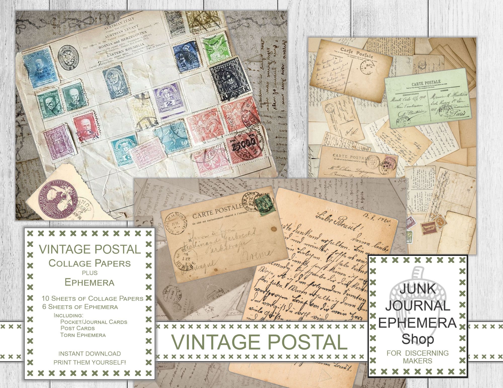 Postal Themed Collage Papers, Postcards, Shabby Postage Stamps, Torn ...