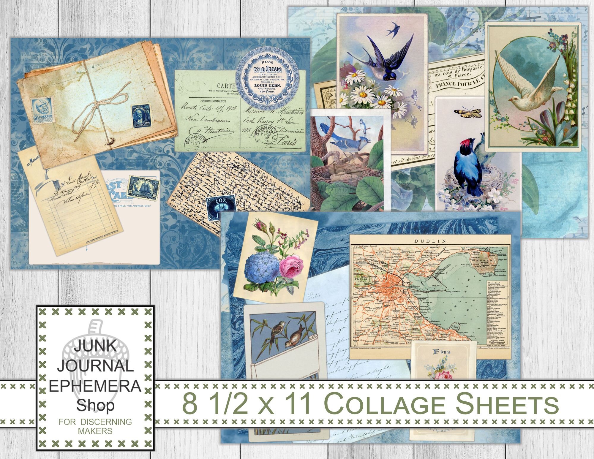 Shabby Blue Themed Collage Junk Journal Kit, Shabby Blue Reverse Pages ...
