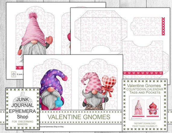 Valentine Gnomes Tags and Pockets Valentine Cards Valentine | Etsy