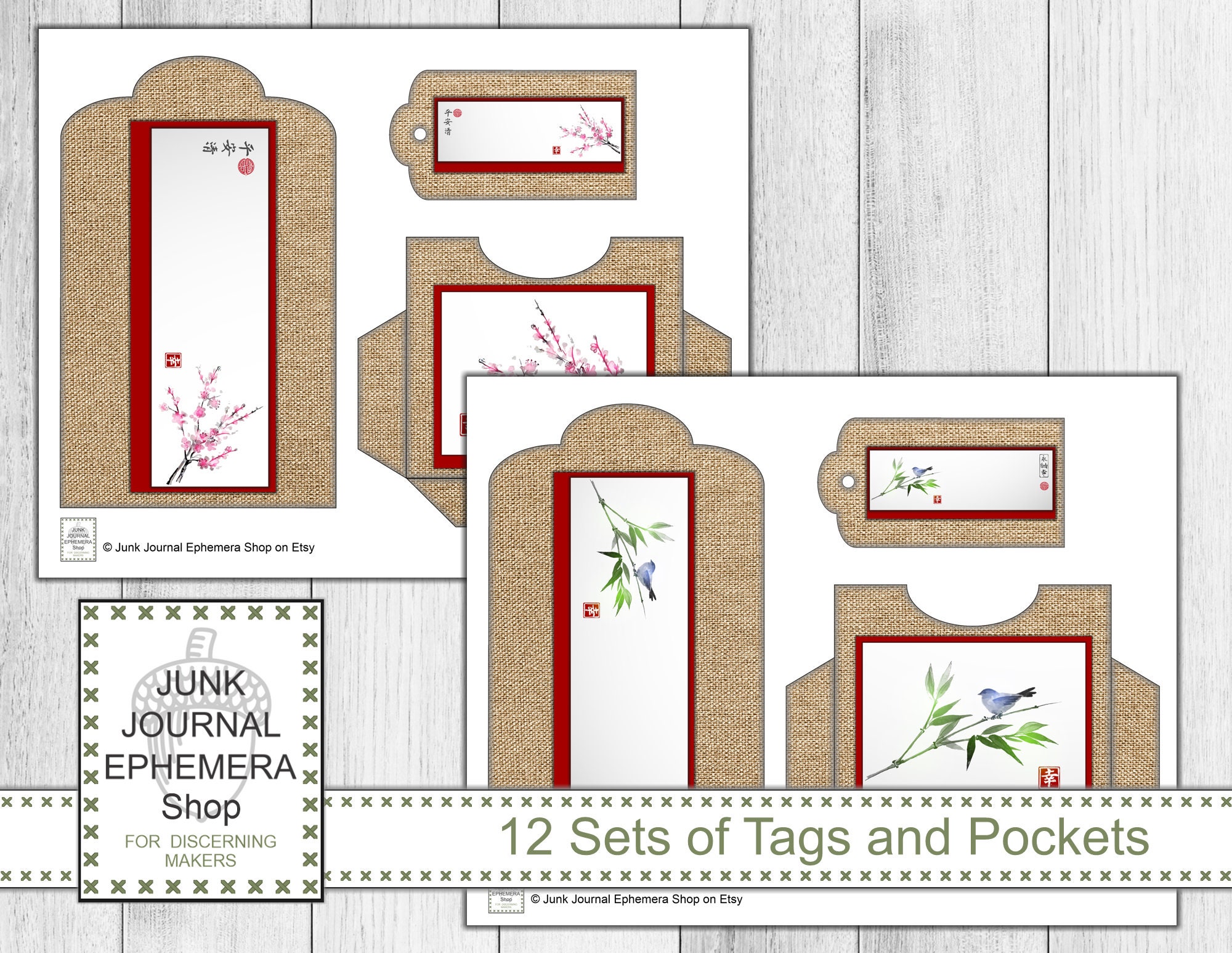 Asian Art Japanese Paintings Tags and Pockets SET 2 Horizontal Format ...