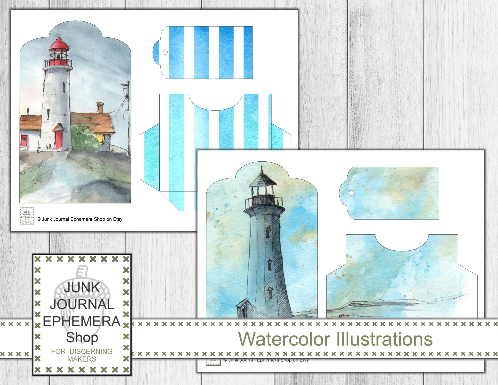 Watercolor Lighthouse Tags and Pockets Junk Journal Tags - Etsy