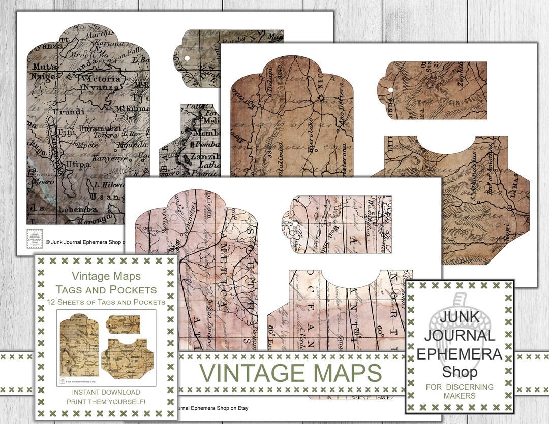 Vintage Maps Vintage Atlas Tags and Pockets, Vintage Ephemera, Map ...