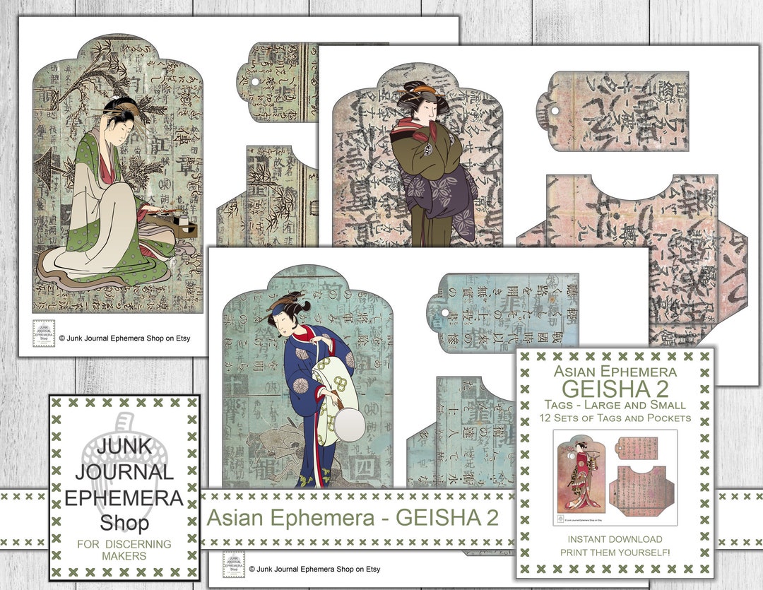 Asian Ephemera Geisha 2 Tags and Pockets, Japanese Ephemera, Chinese ...
