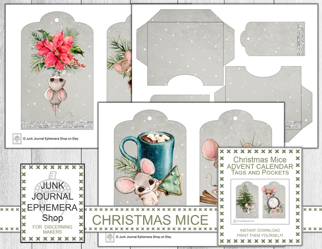 Christmas Mice Advent Calendar Tags and Pockets, Christmas DIY ...