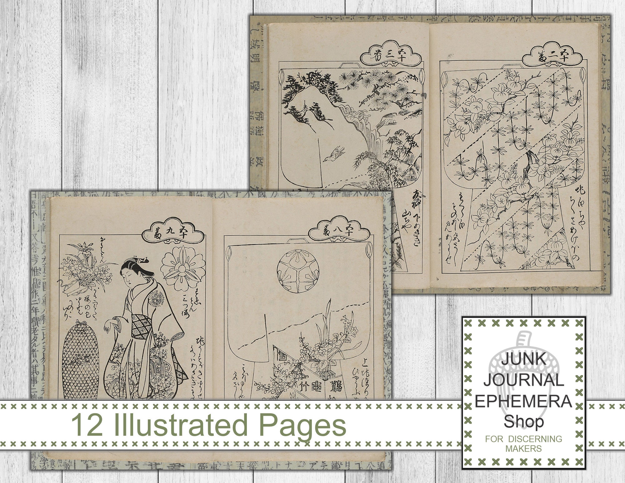 Asian Ephemera Pen and Ink Drawings Junk Journal Kit, Japanese Ephemera ...