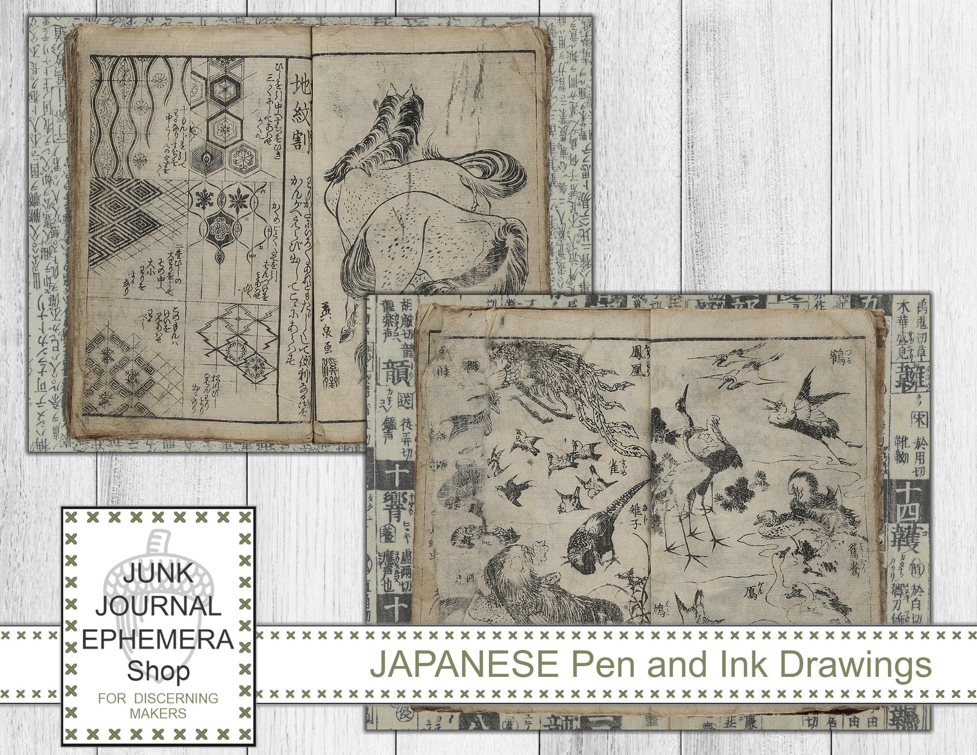 Asian Ephemera Pen and Ink Drawings Junk Journal Kit, Japanese Ephemera ...