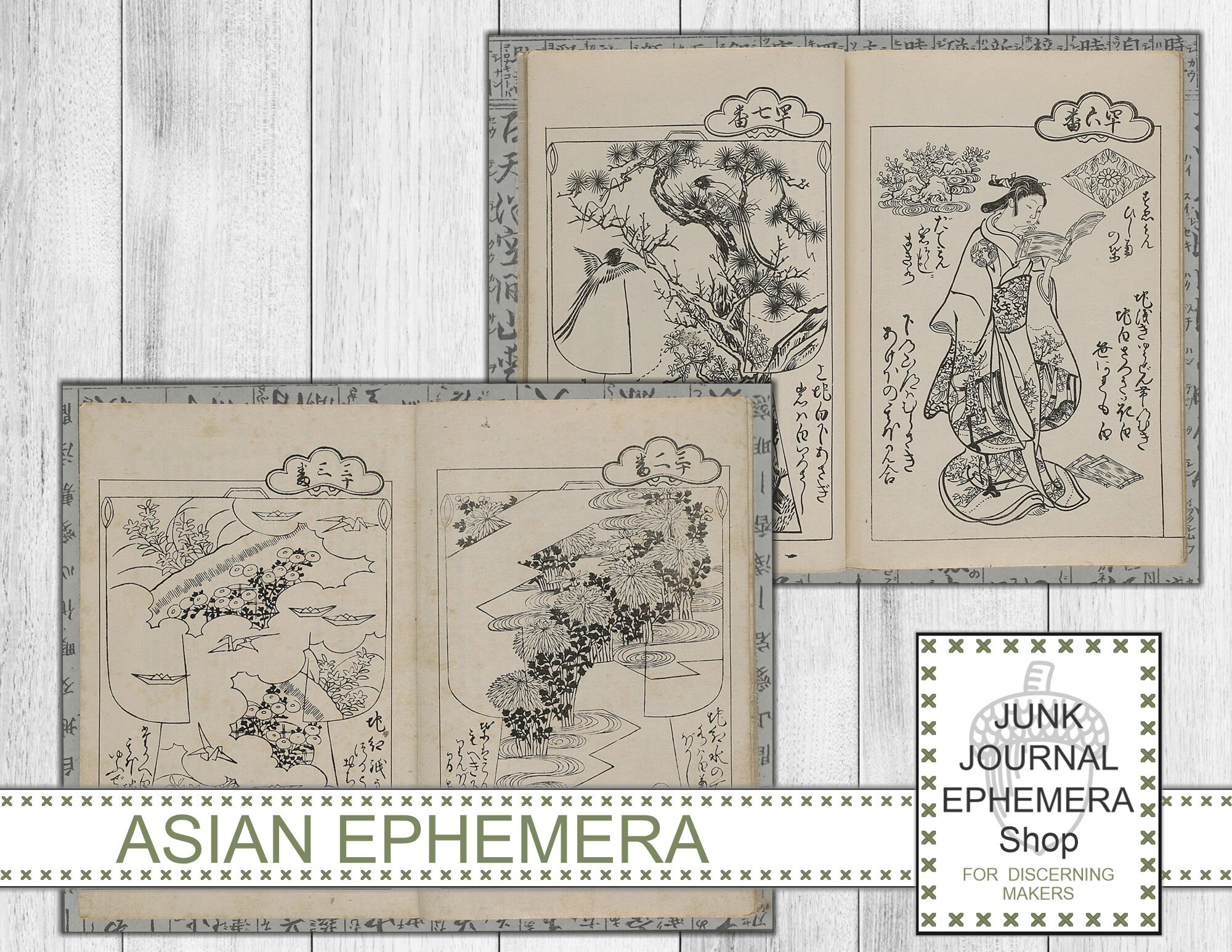 Asian Ephemera Pen and Ink Drawings Junk Journal Kit, Japanese Ephemera ...