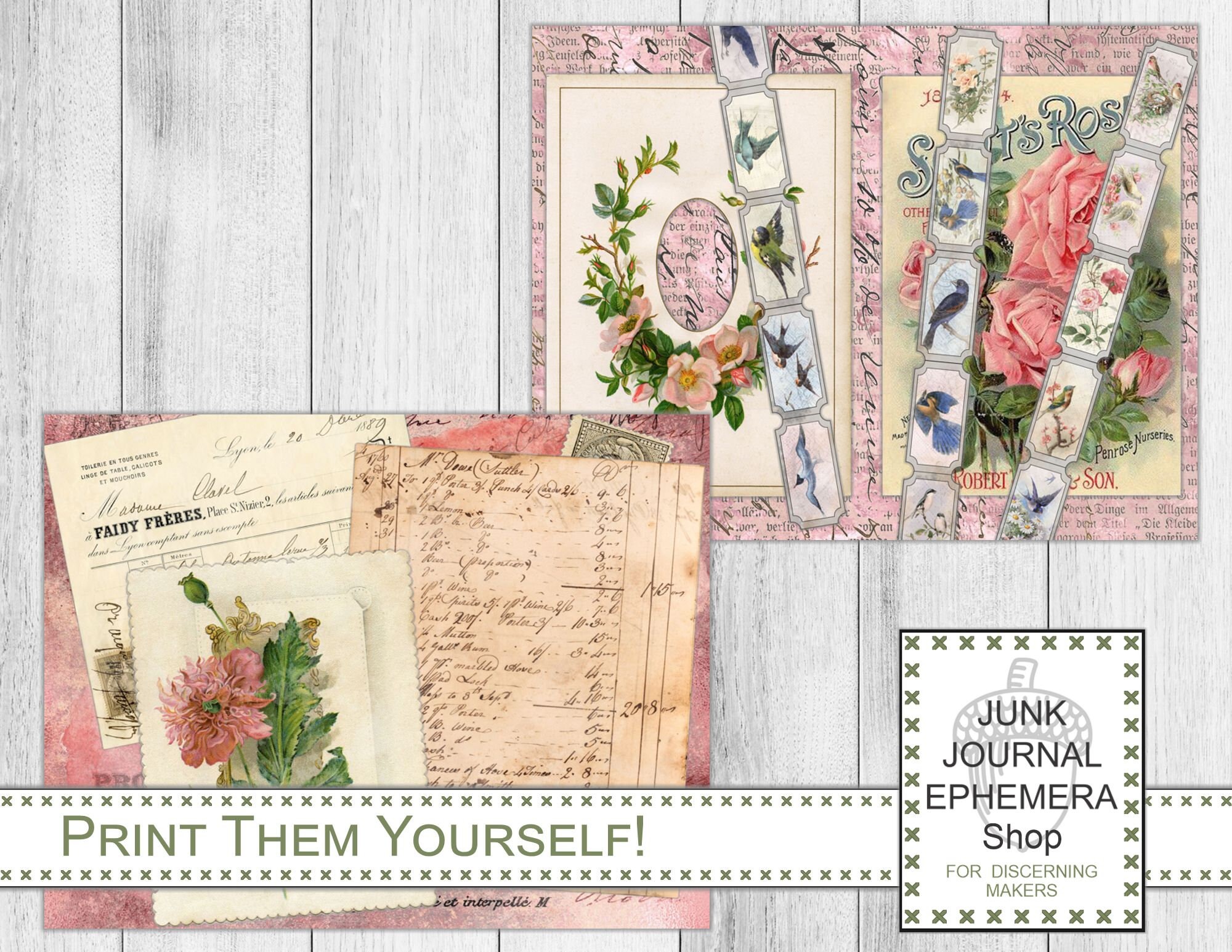 Shabby Pink Themed Collage Junk Journal Kit, Shabby Pink Reverse Pages ...