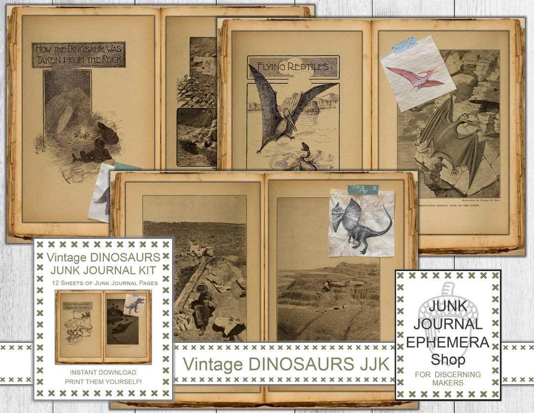 Vintage Dinosaurs Junk Journal Kit, Nature Ephemera, Vintage Watercolor ...