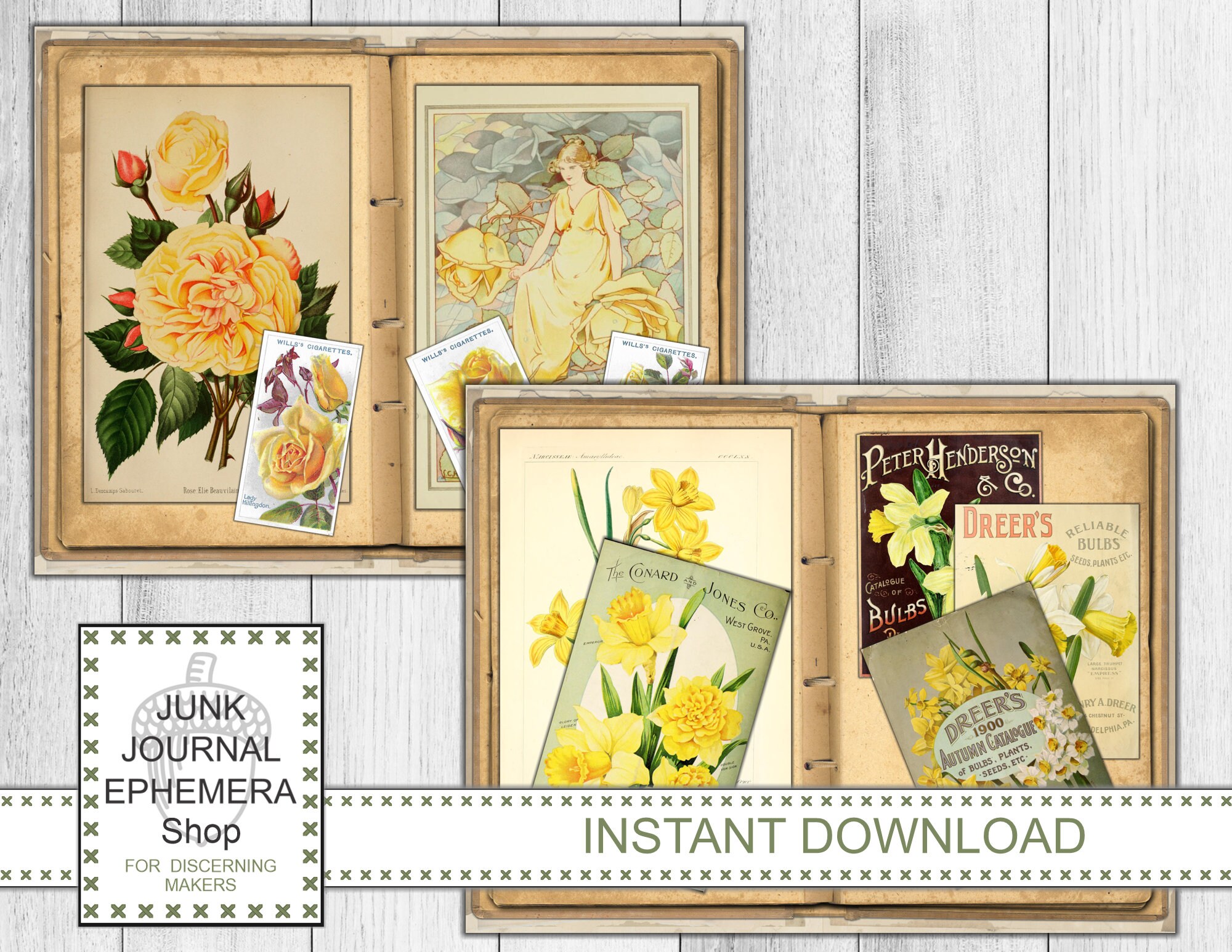 Vintage Yellow Floral Album Junk Journal Kit, Shabby Ephemera, Vintage ...
