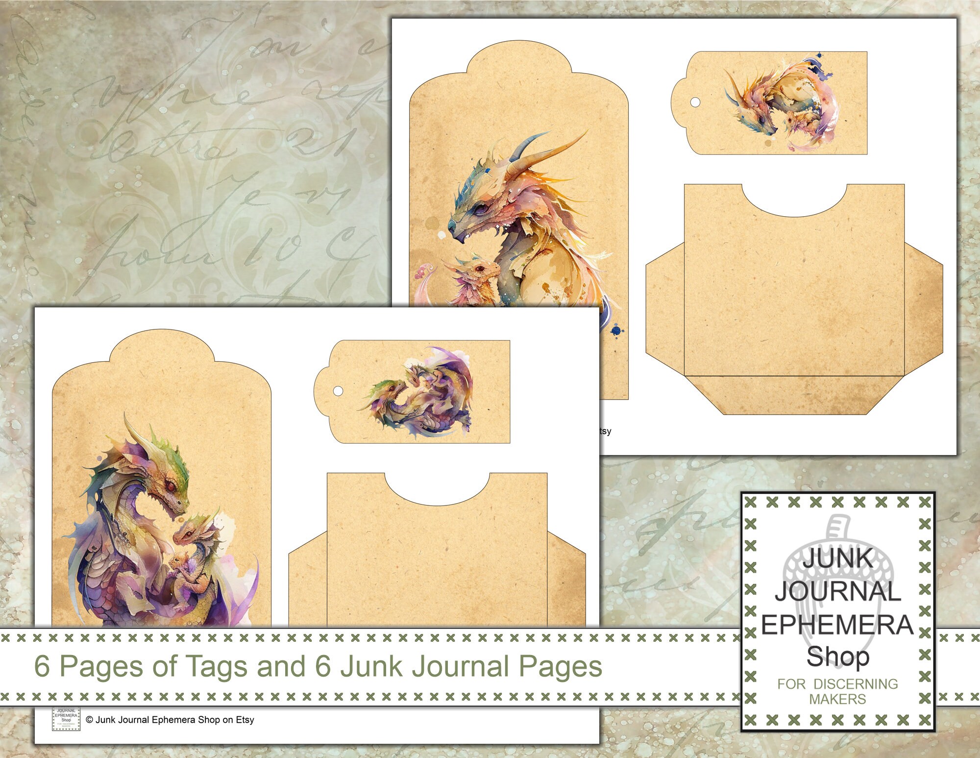 Watercolor Dragons Junk Journal Kit Tags and Pockets - Etsy