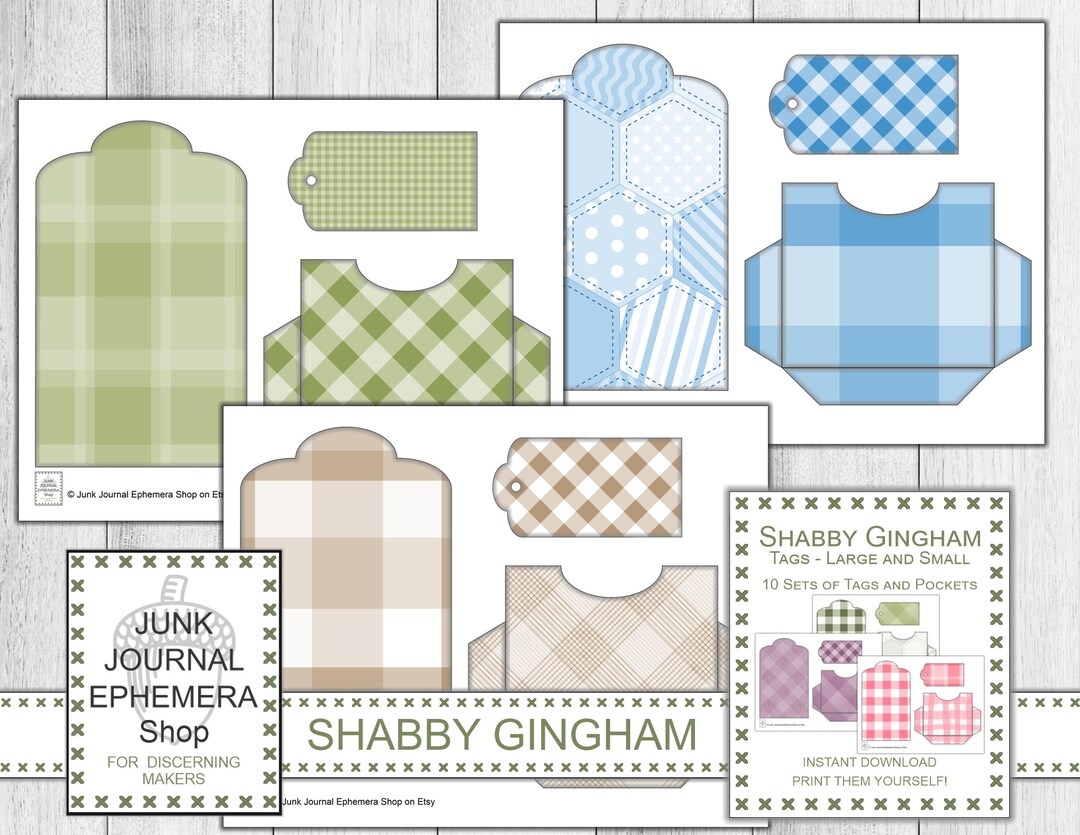 Gingham Tags and Pockets, Junk Journal Ephemera, Shabby Pink, Shabby ...