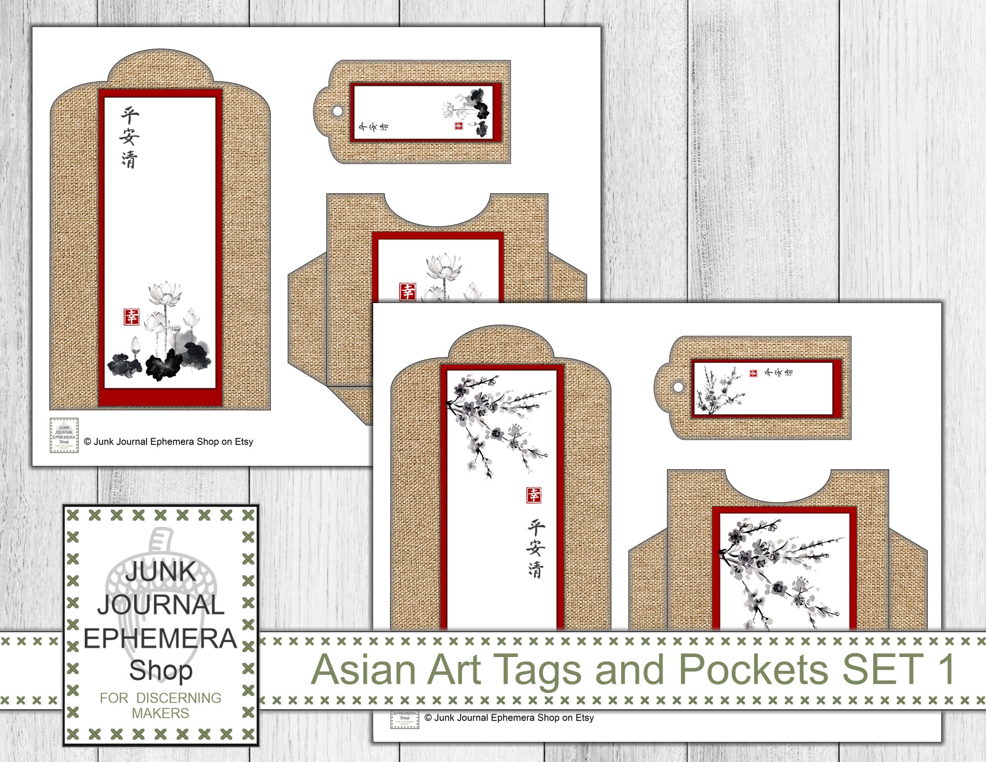 Asian Art Japanese Paintings Tags and Pockets SET 1 Vertical Format - Etsy