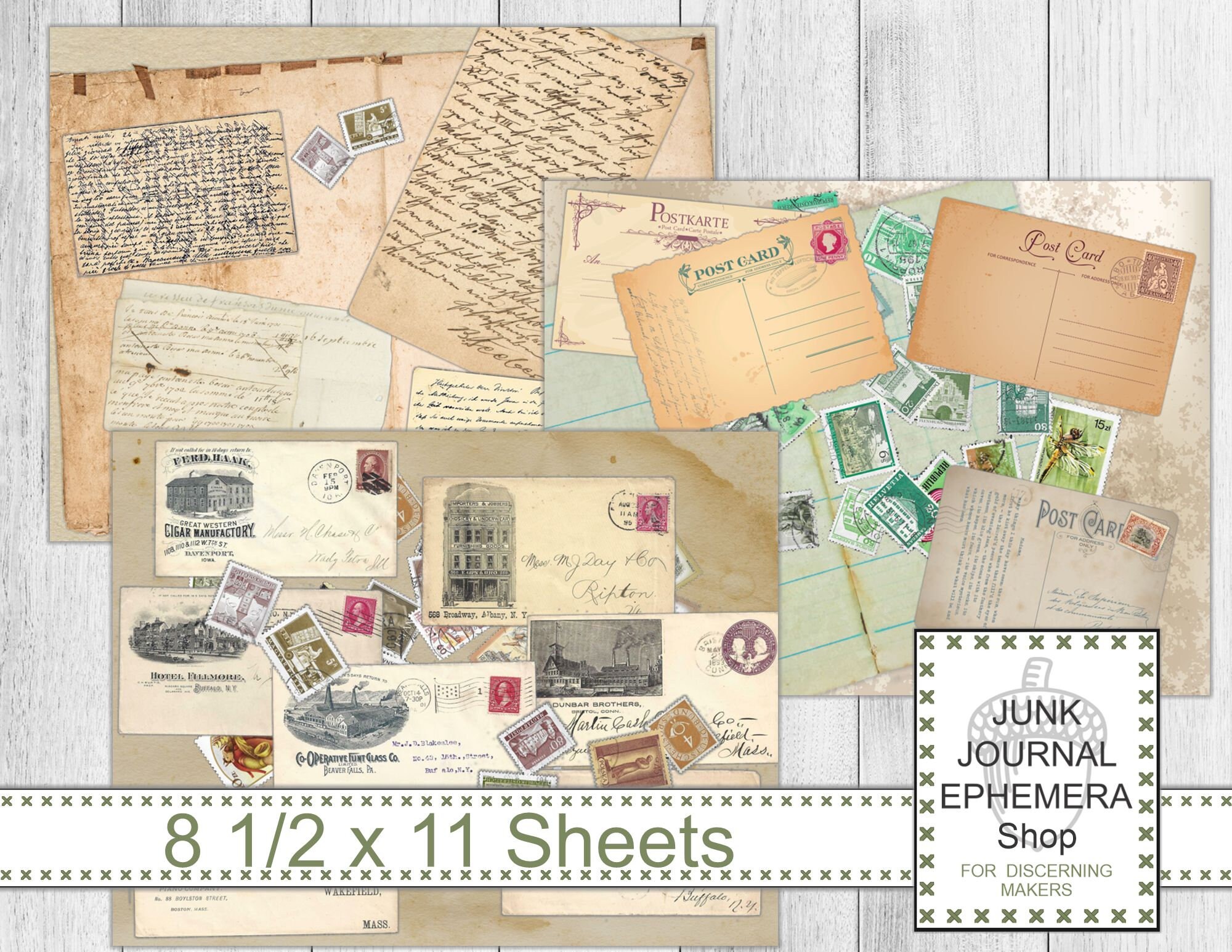 Postal Themed Collage Papers, Postcards, Shabby Postage Stamps, Torn ...