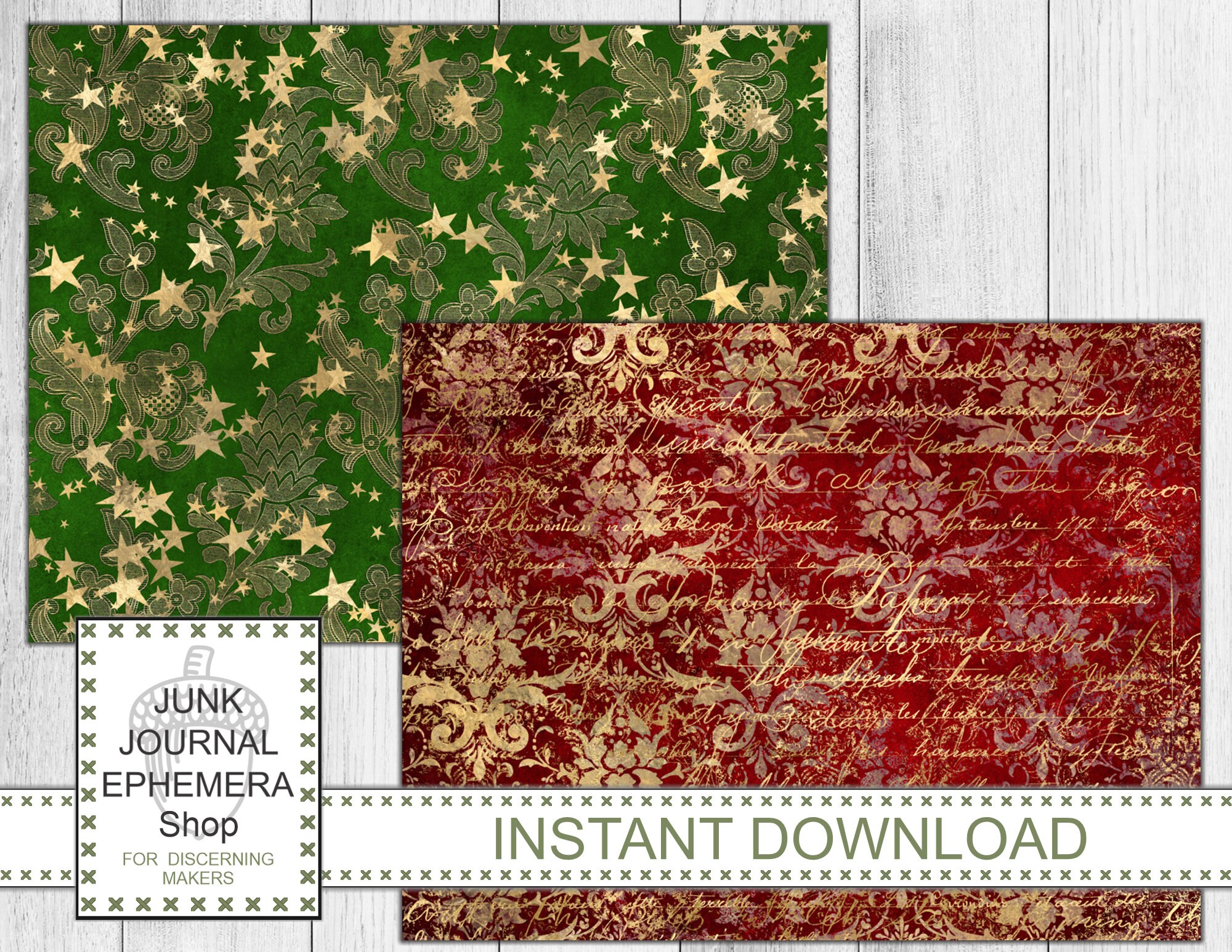 Grunge Gold Christmas Printable Papers, Red and Green, Reverse Page ...