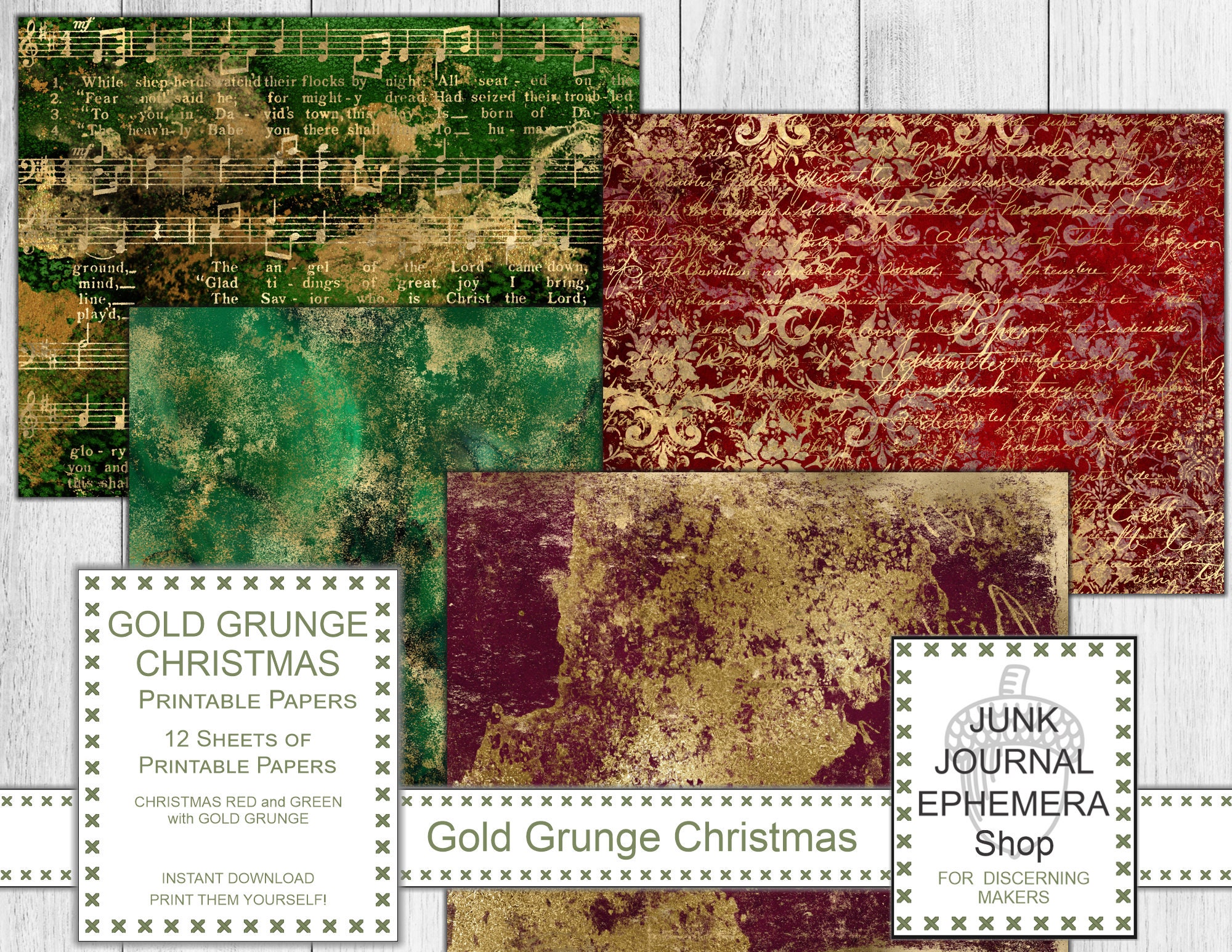 Grunge Gold Christmas Printable Papers, Red and Green, Reverse Page ...