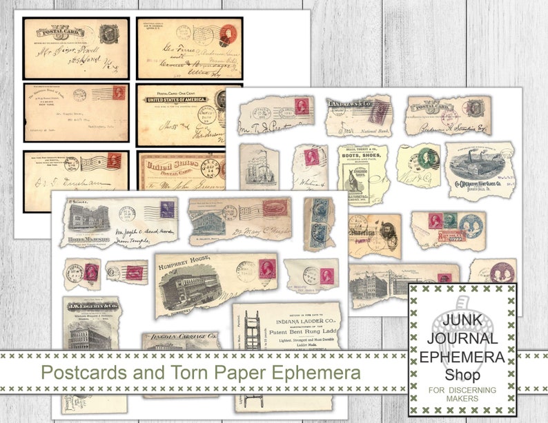 Postal Themed Collage Papers, Postcards, Shabby Postage Stamps, Torn ...