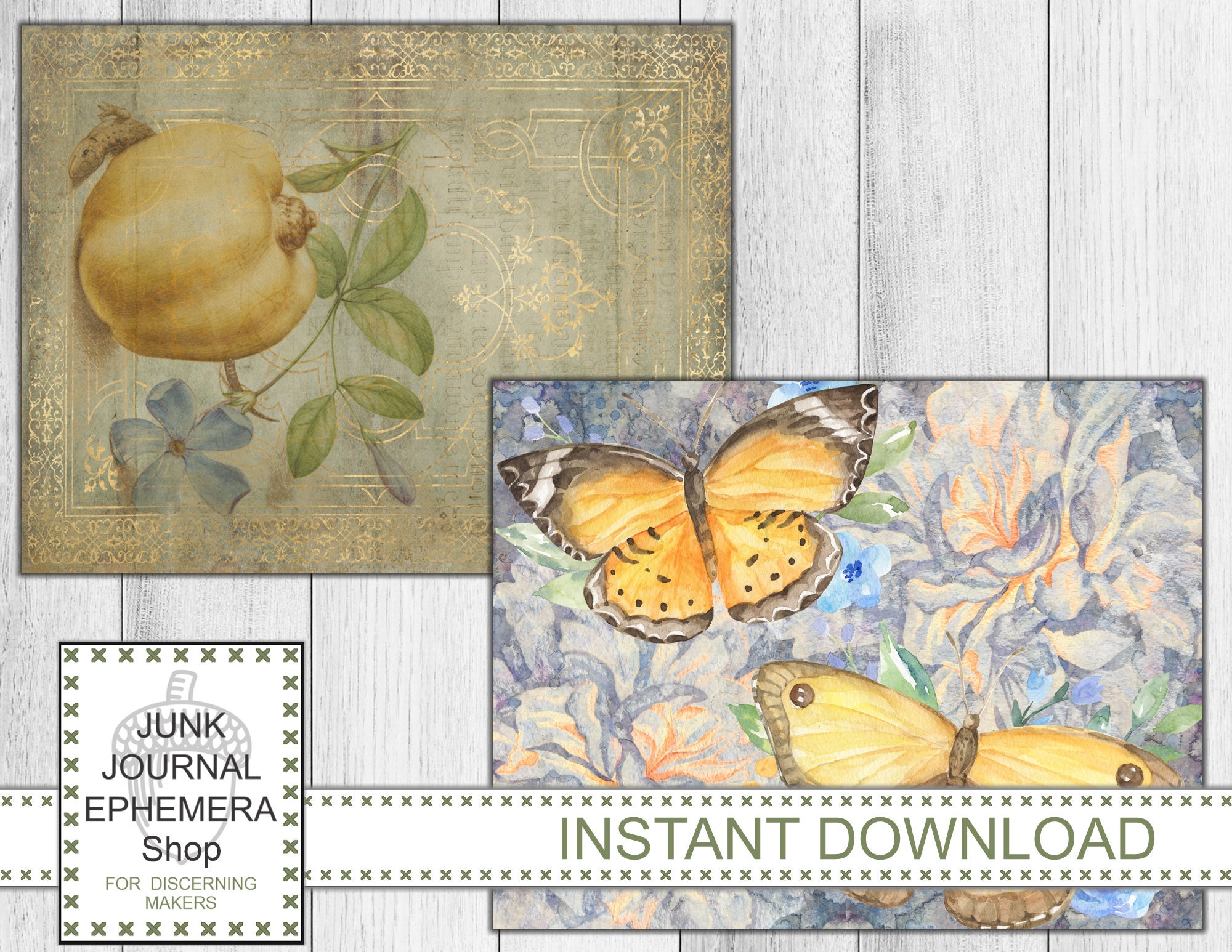 Yellow Floral Printable Papers Vintage Ephemera Shabby | Etsy