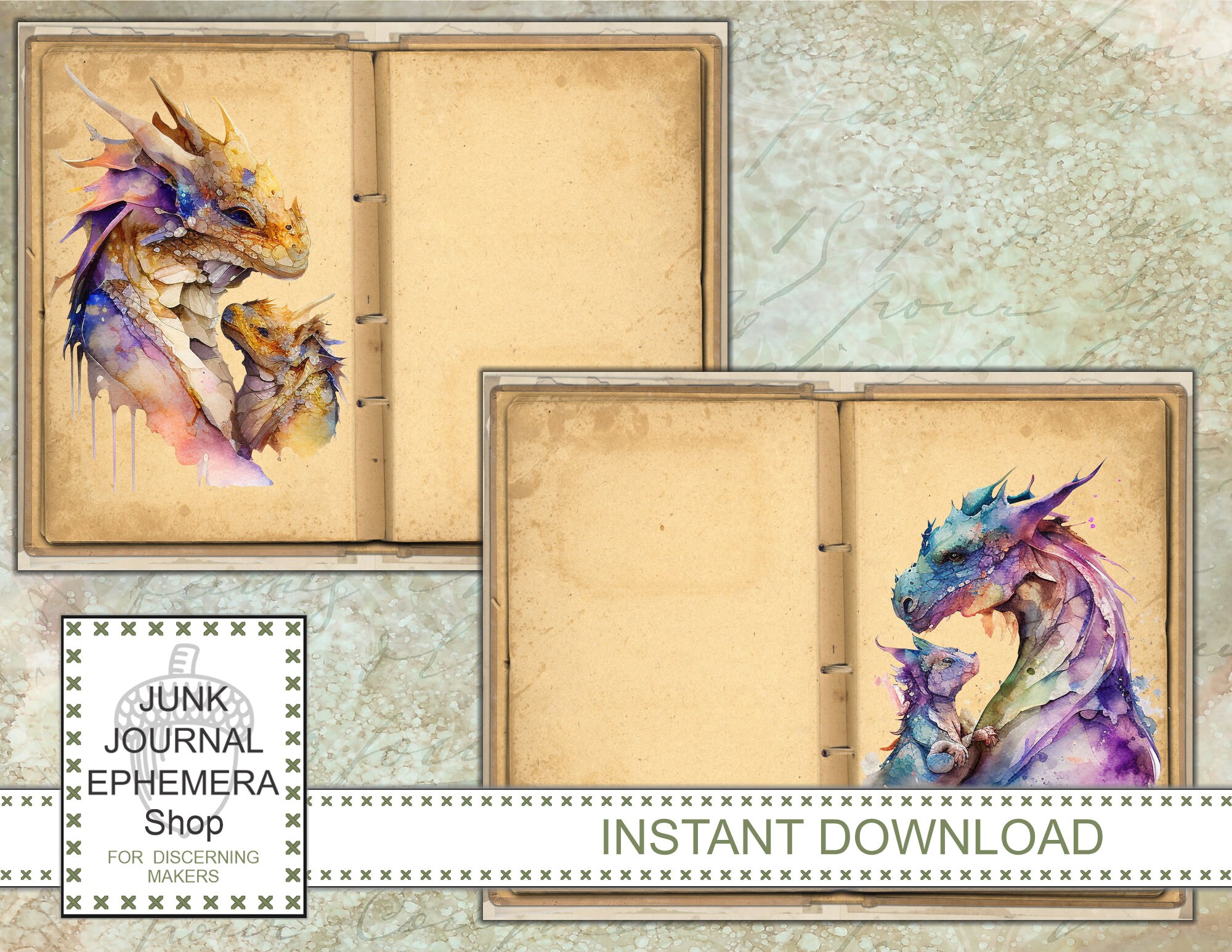 Watercolor Dragons Junk Journal Kit Tags and Pockets - Etsy