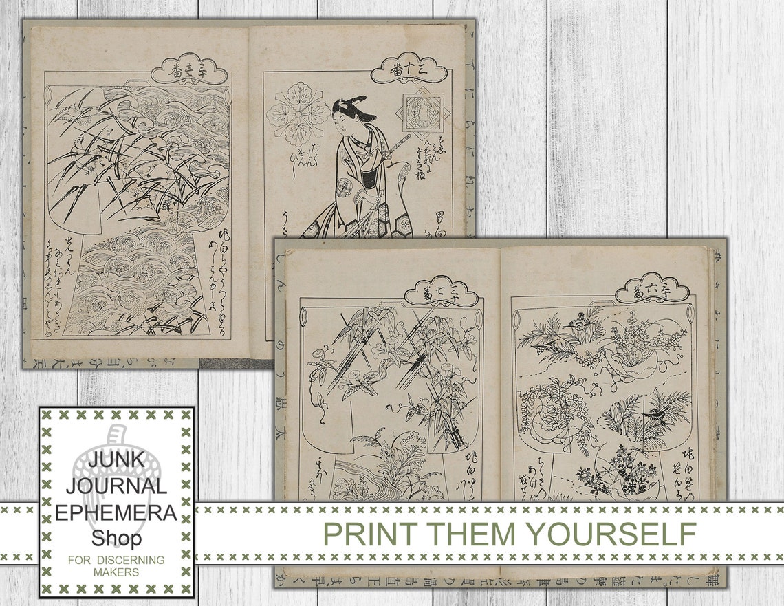 Asian Ephemera Pen and Ink Drawings Junk Journal Kit, Japanese Ephemera ...