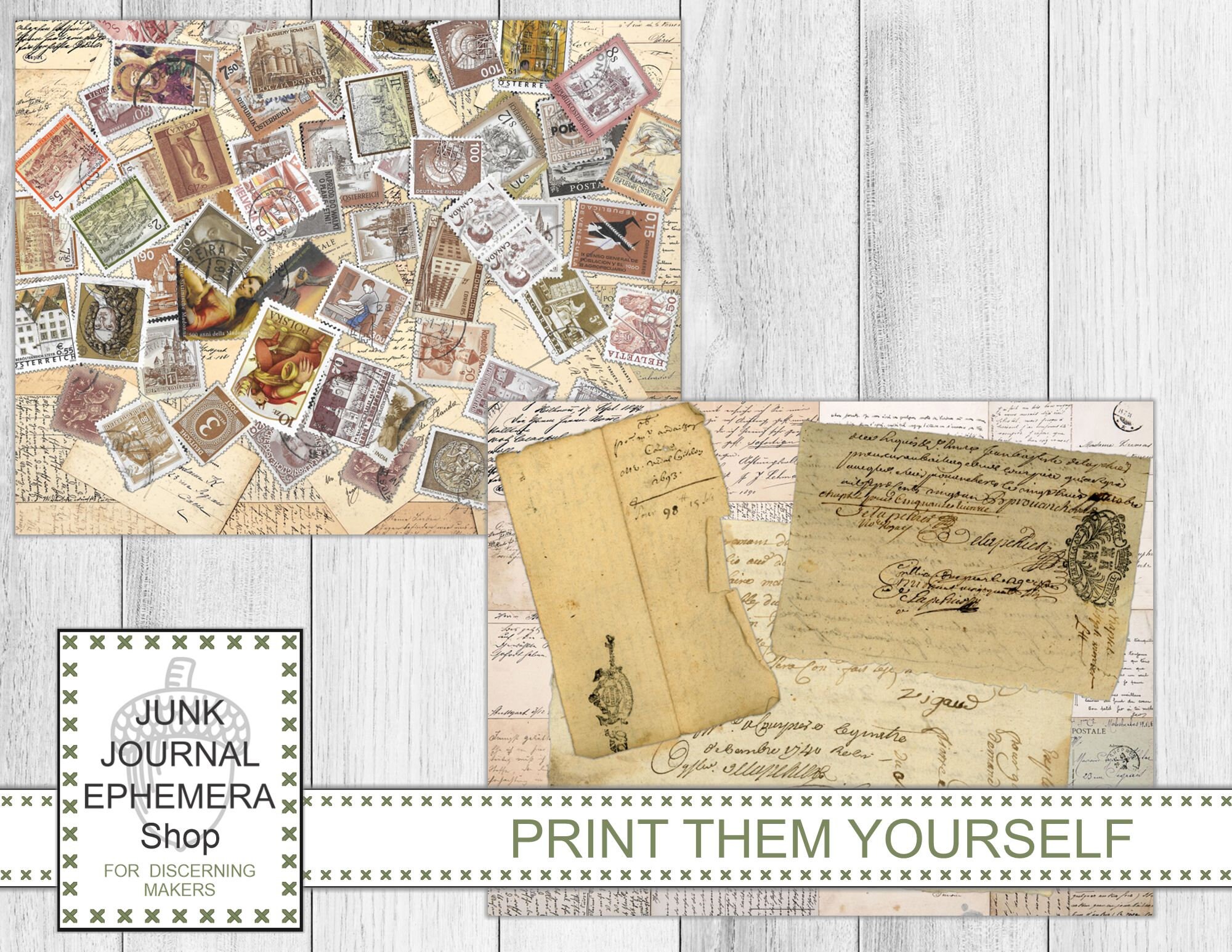 Postal Themed Collage Papers, Postcards, Shabby Postage Stamps, Torn ...