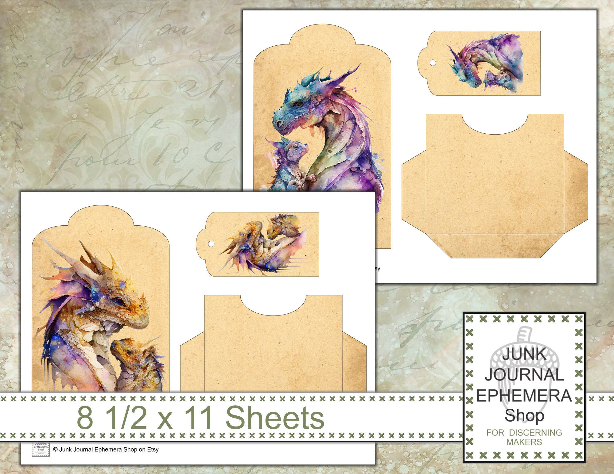 Watercolor Dragons Junk Journal Kit Tags and Pockets - Etsy