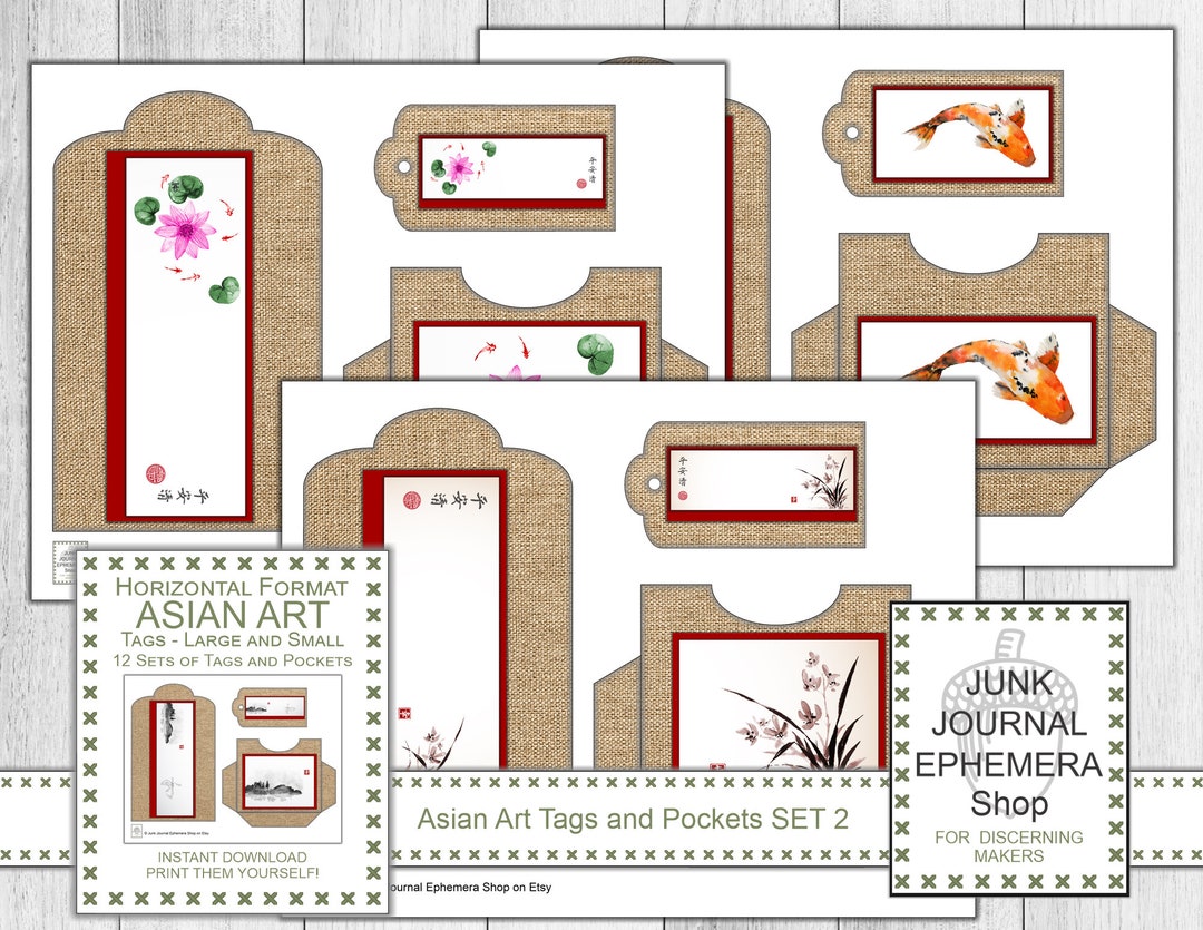 Asian Art Japanese Paintings Tags and Pockets SET 2 Horizontal Format ...
