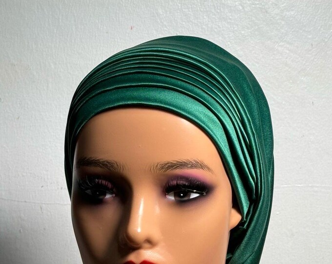 Elegant Green Satin Turban: Pre-tied Head Cover Bridal Instant Turban ...