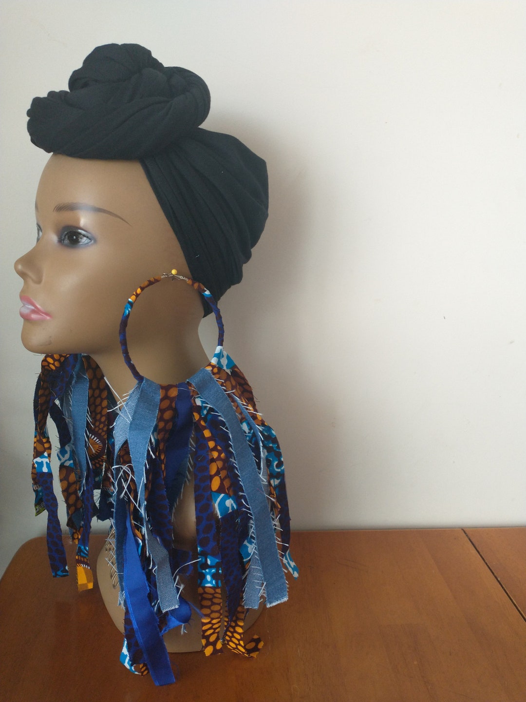 Polka Dots and Denim Fringe Earrings Shredded Cloth Earrings Bold Light ...