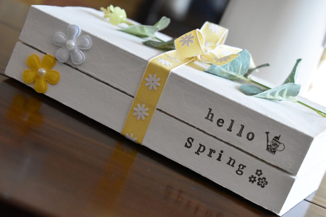 Hello Spring Stamped Decorative Book Stack Farmhouse Rustic Shabby ...