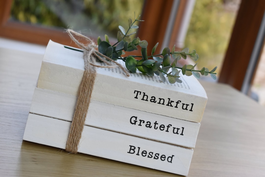Thankful Grateful Blessed, Farmhouse Book Stack, Personalised ...