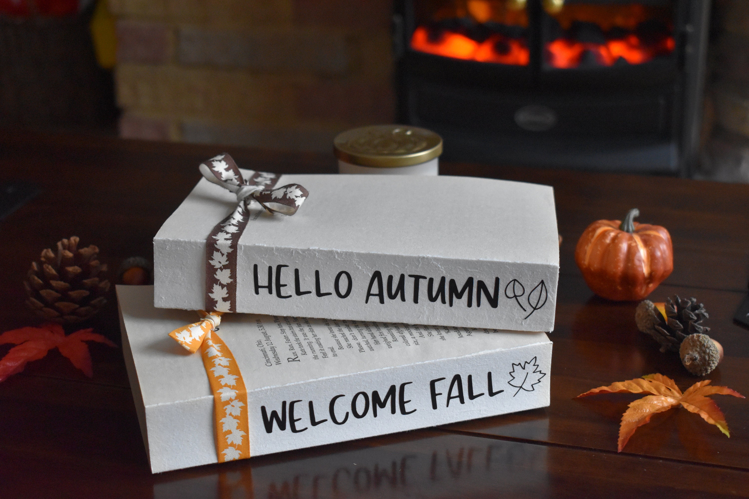 Autumn book stack Fall stamped books Decorative books | Etsy