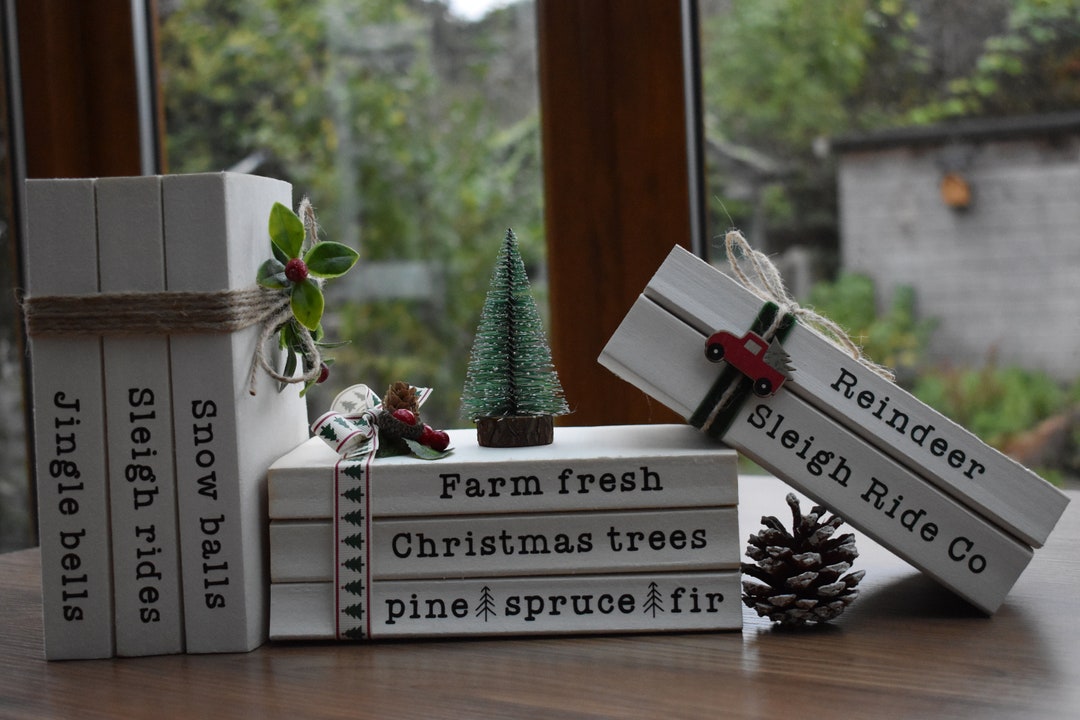Christmas Stacked Books, Farmhouse Christmas Book Stack, Personalised ...