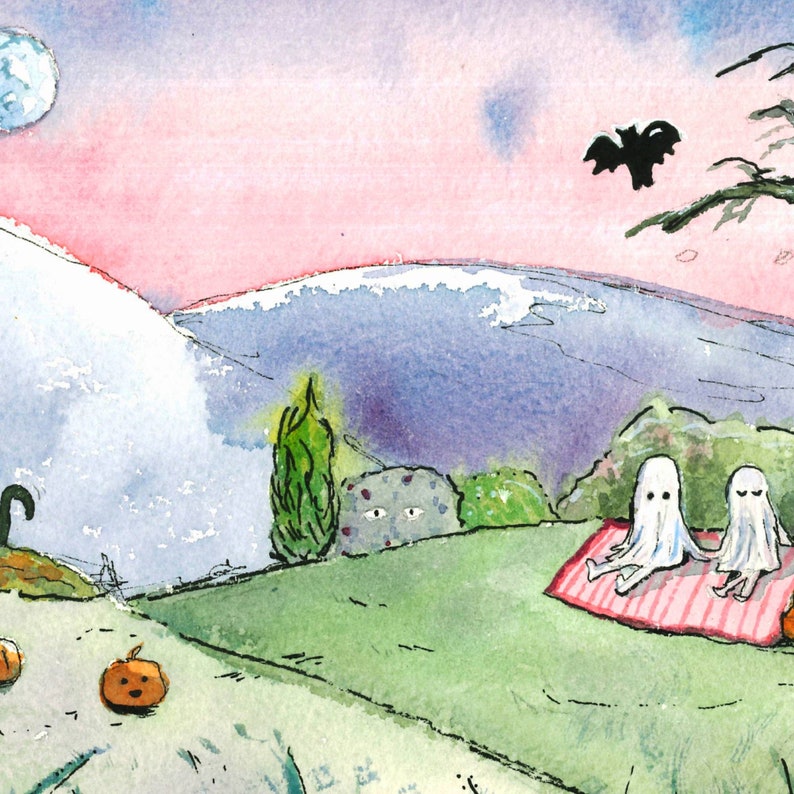 Spooky Cute Picnic Date Digital Download Cute Ghosts Wall Art Print ...