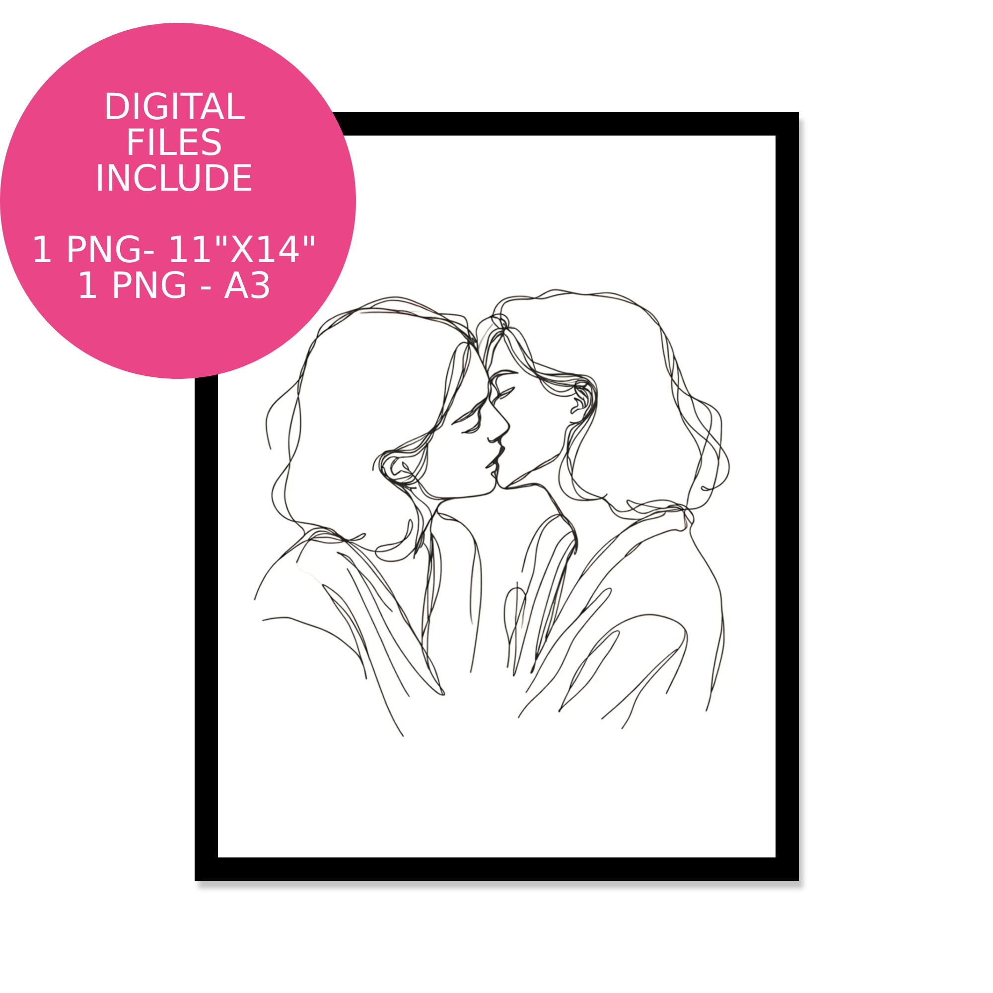 Line Art Lesbian Couple Kiss Digital Download Poster, Sapphic Art ...