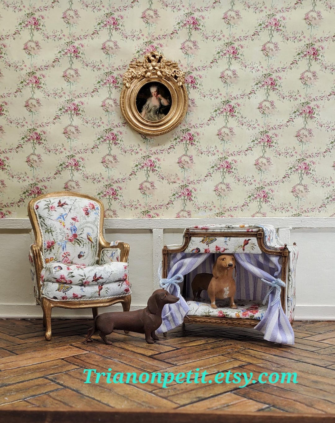 French Miniature Louis XVI Dog Four Poster Canopy Bed for Dollhouse ...