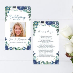 Blue Roses Funeral Prayer Cards | Funeral Keepsake | Blue Floral ...
