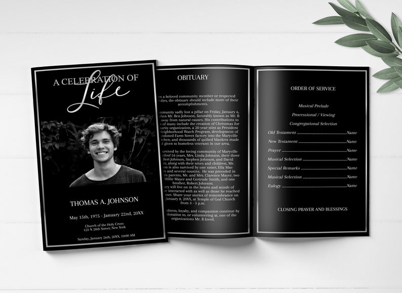 8 Page Funeral Program Template | Black and Silver Funeral Program ...
