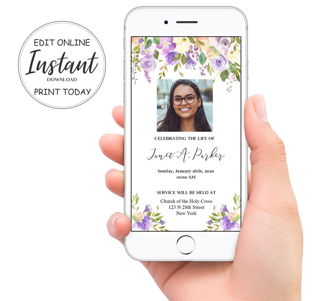 Purple Floral Funeral Announcement | Purple Flowers Funeral Invitation ...