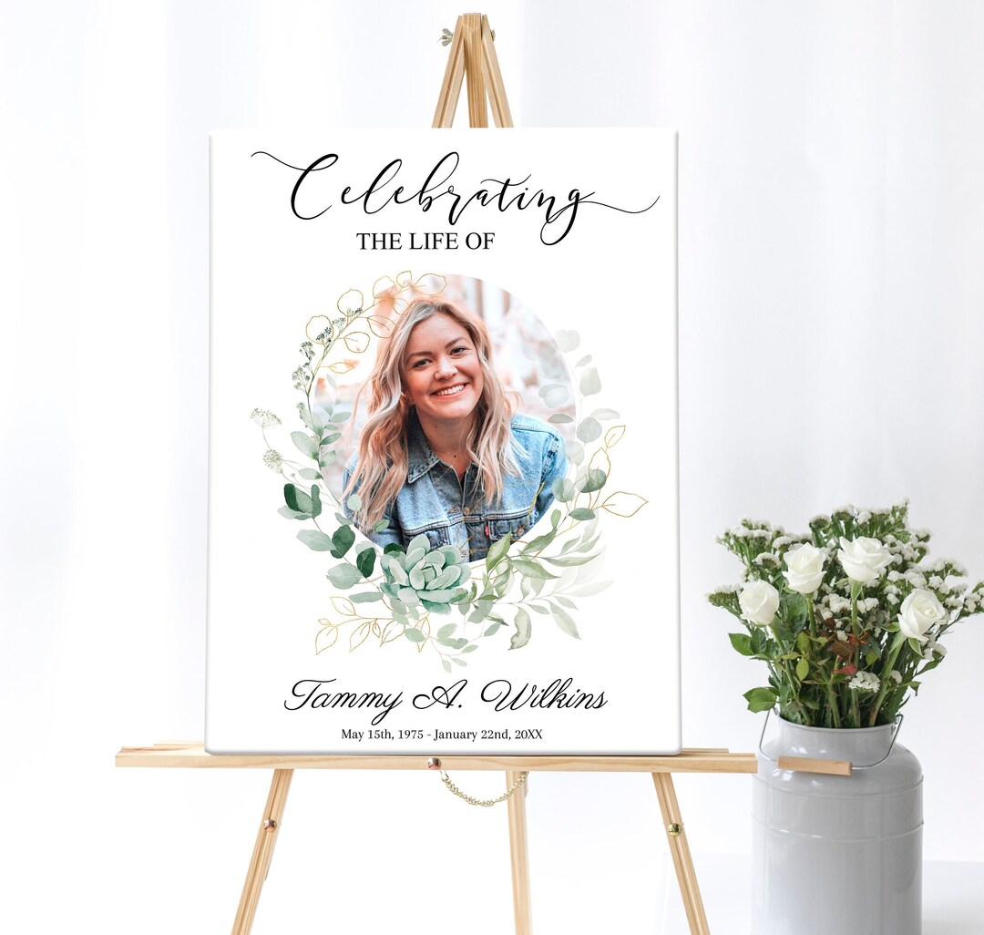 Greenery and Gold Funeral Poster | Memorial Poster | Celebration of ...