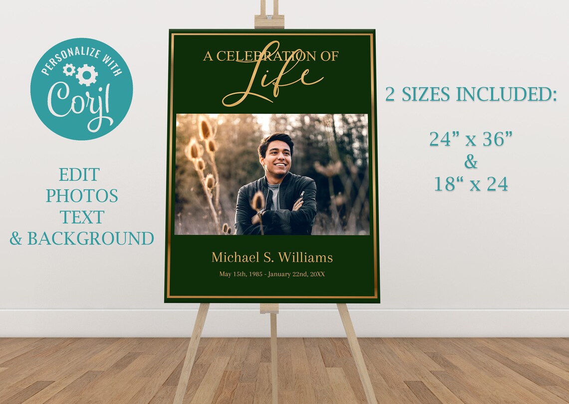 Green and Gold Funeral Poster Photo Display Memorial Poster - Etsy
